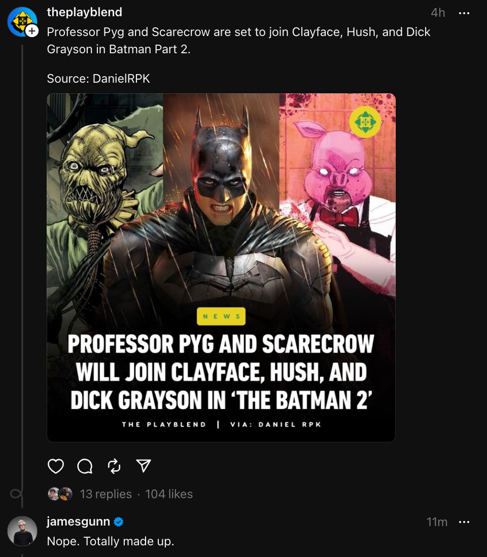 James Gunn Shuts Down Rumors About Which Villains Will Appear in The Batman Part 2